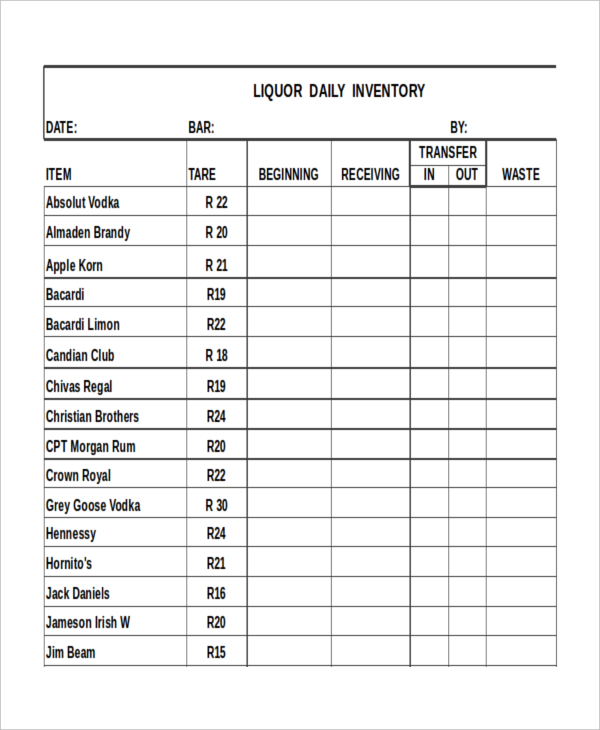 Free Printable Liquor Inventory Sheets Printable World Holiday