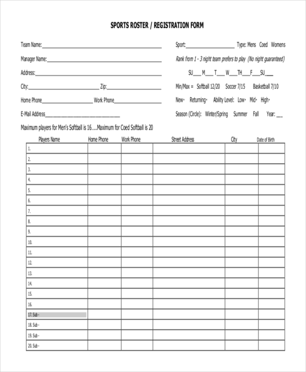 21 Roster Form Templates 0 FreeSample Example Format