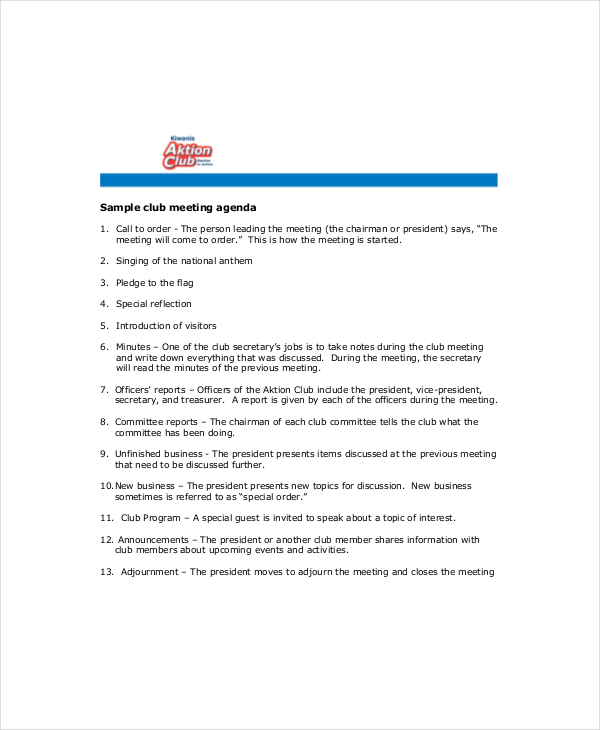 7+ Club Meeting Agenda Templates in Word | Google Docs | Apple Pages | PDF