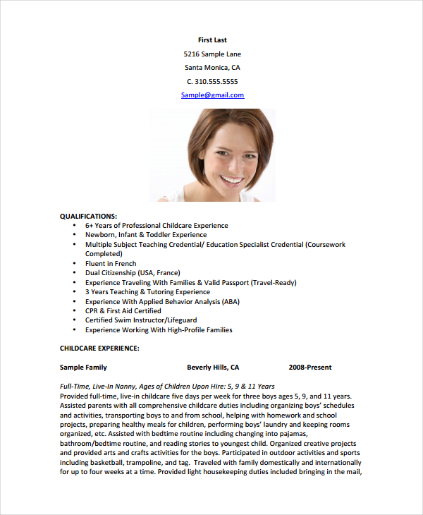 Nanny Resume Template 5 Free Word PDF Document Download