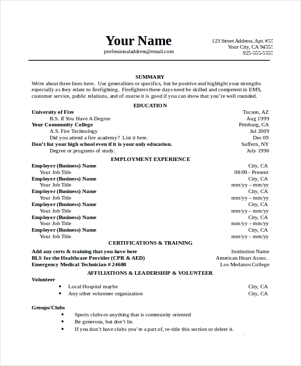 7+ Firefighter Resume Templates - PDF, DOC
