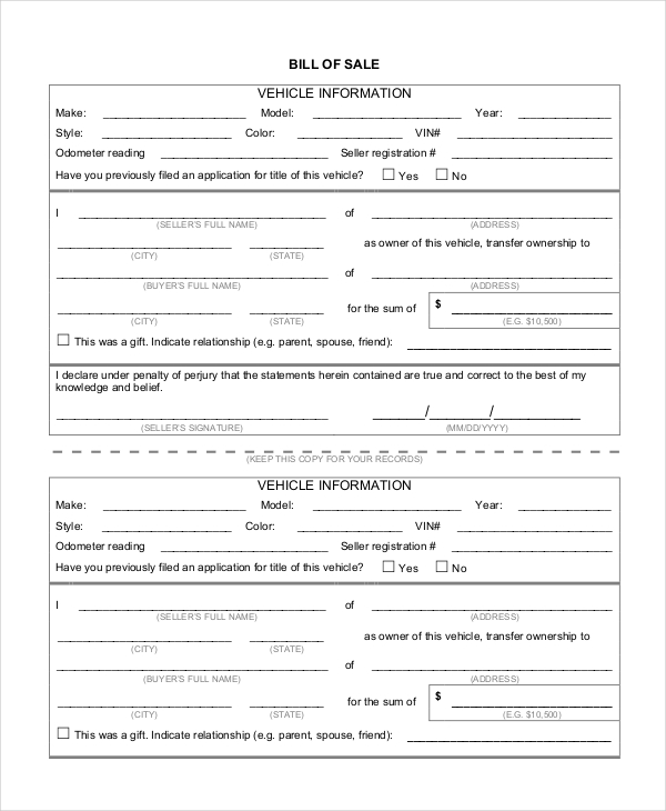 Auto Bill Of Sale Template Pdf Collection