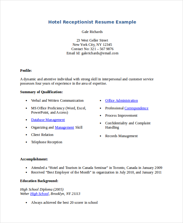 Receptionist Resume Template - 11+ Word, Pdf Document Download