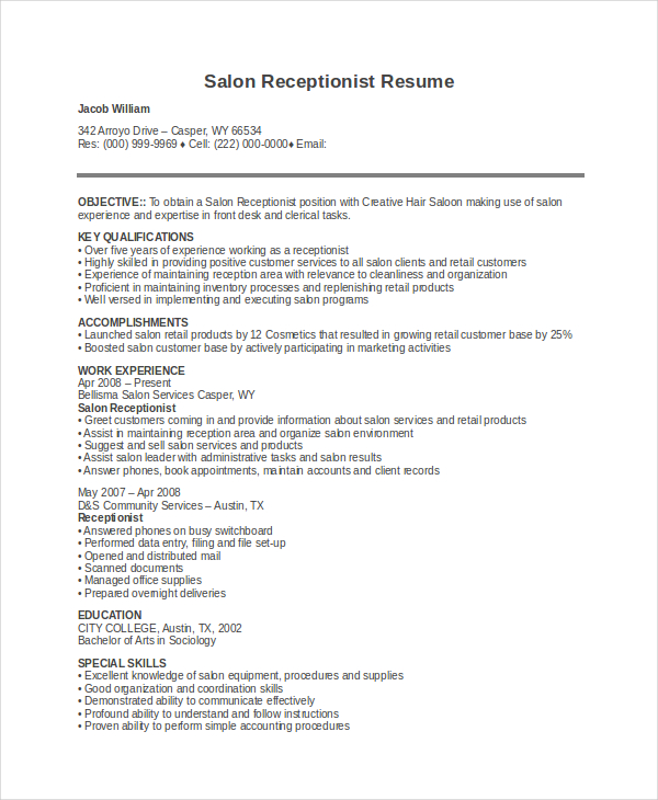 Receptionist Resume Template - 11+ Word, Pdf Document Download