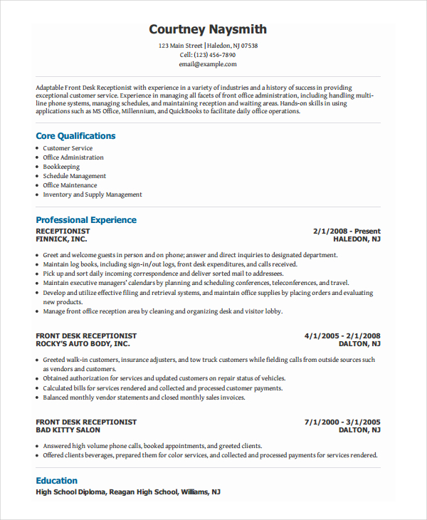 Receptionist Resume Templates 18 Free Printable Word PDF