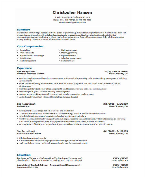 Receptionist Resume Templates 18 Free Printable Word PDF