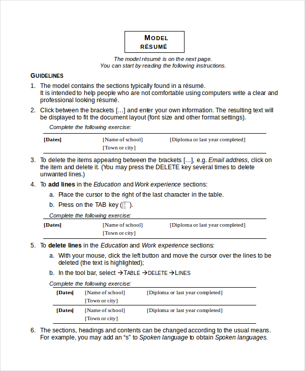 Model Resume Template 4 Free Word Document Download