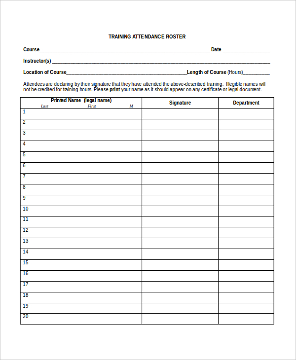 Training Roster Template Word HQ Printable Documents