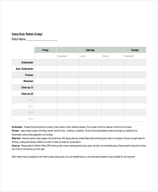 Duty Roster Template - 19+ Free Word, Excel, PDF Document Downloads