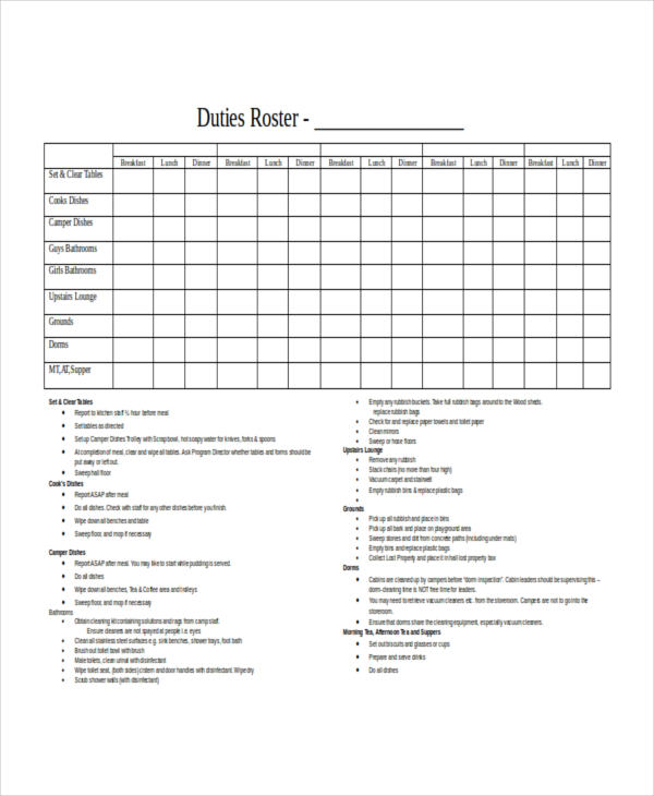 Duty Roster Template - 19+ Free Word, Excel, PDF Document Downloads