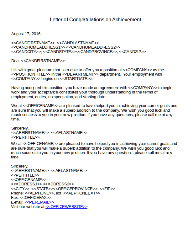 Congratulations Letter Template - 12+ Free Word Document Downloads