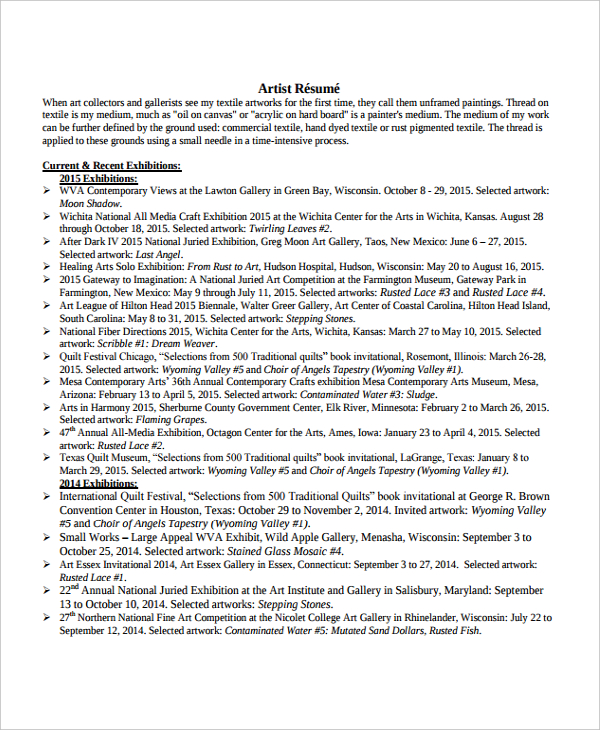 Artist Resume Template - 7+ Free Word, PDF Document Downloads