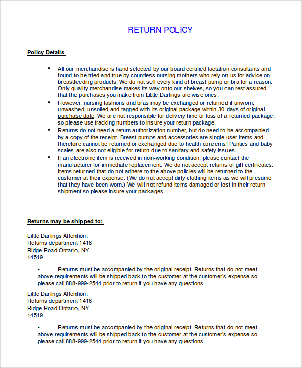 Return Policy Template 7 Free Word PDF Document Downloads Free 