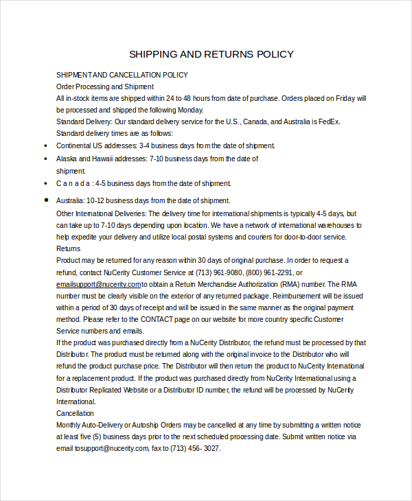 Return Policy Template 8 Word PDF Document Downloads