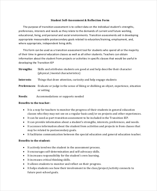 Self Evaluation Self Assessment Examples For Students