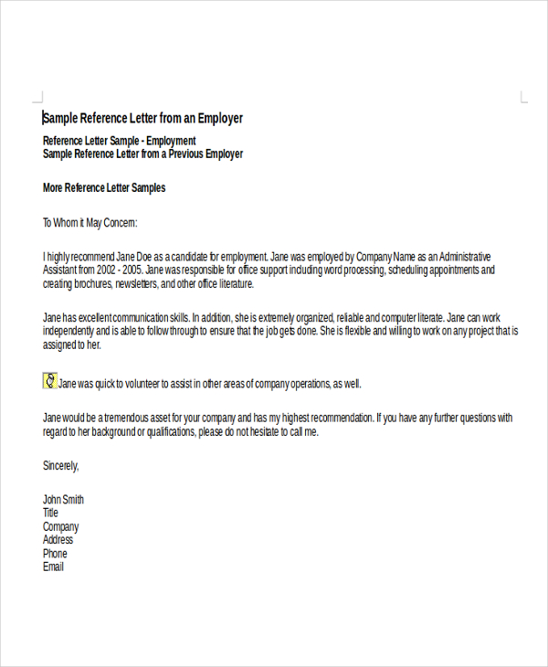 Reference Letter Of Employment