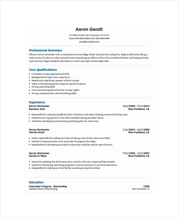 Bartender Resume Templates 14 Free Printable Word PDF Samples