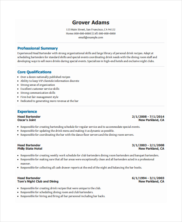 Free Bartender Resume Templates