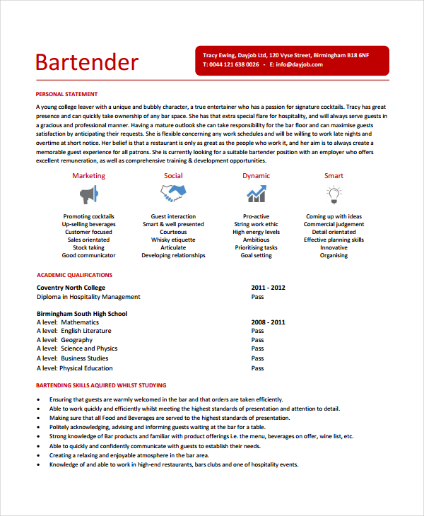 Free Bartender Resume Templates