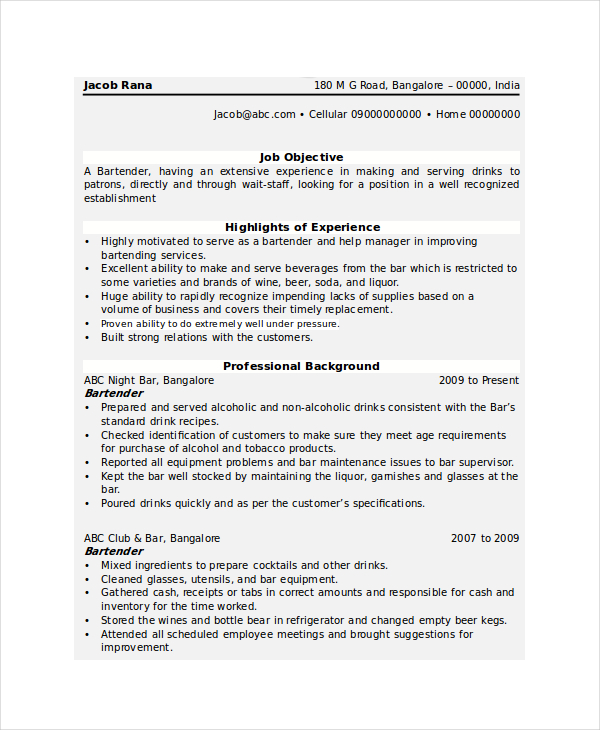 Free Bartender Resume Templates