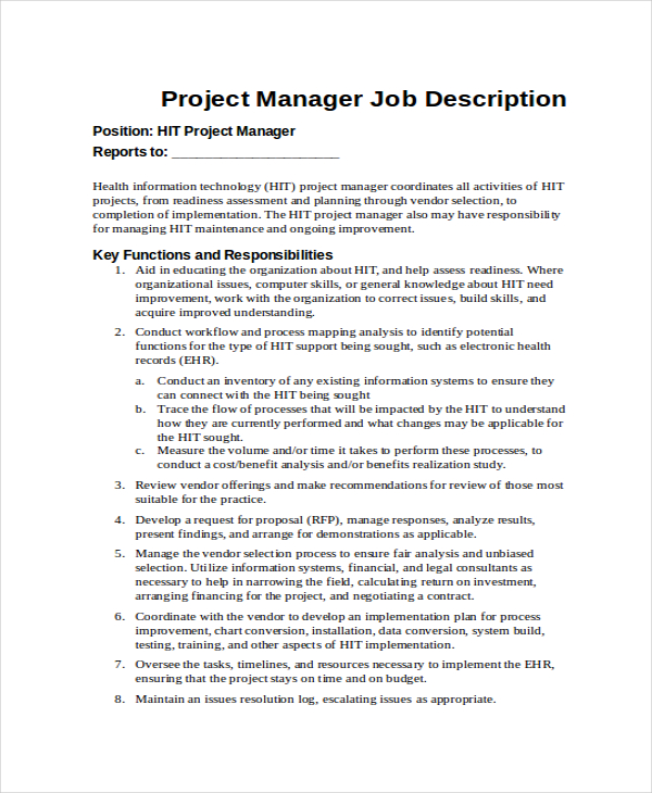 Sample Job Description Project Manager