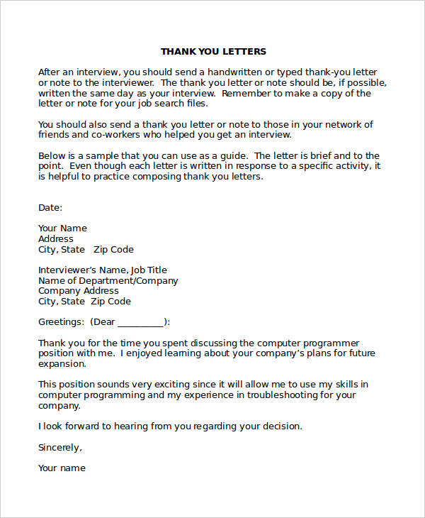 6 Thank You Letter After Interview Templates Free Sample Example