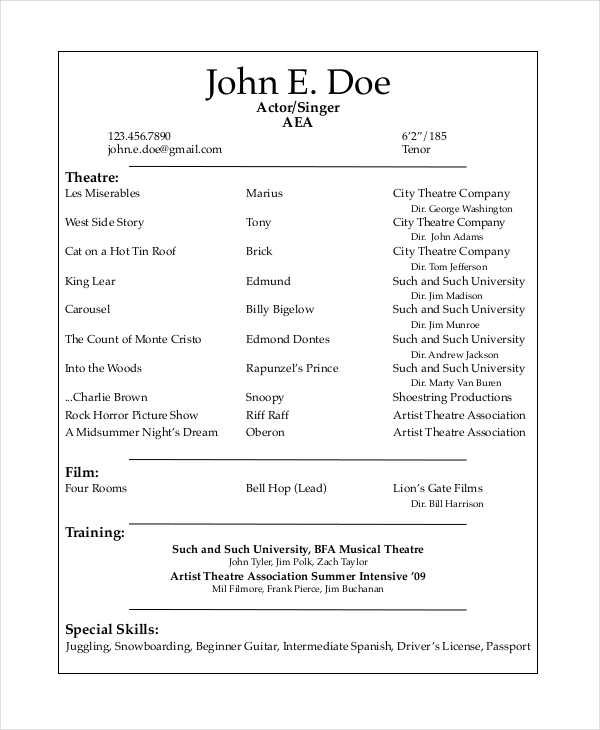 Theater Resume Template 8 Word PDF Documents Download