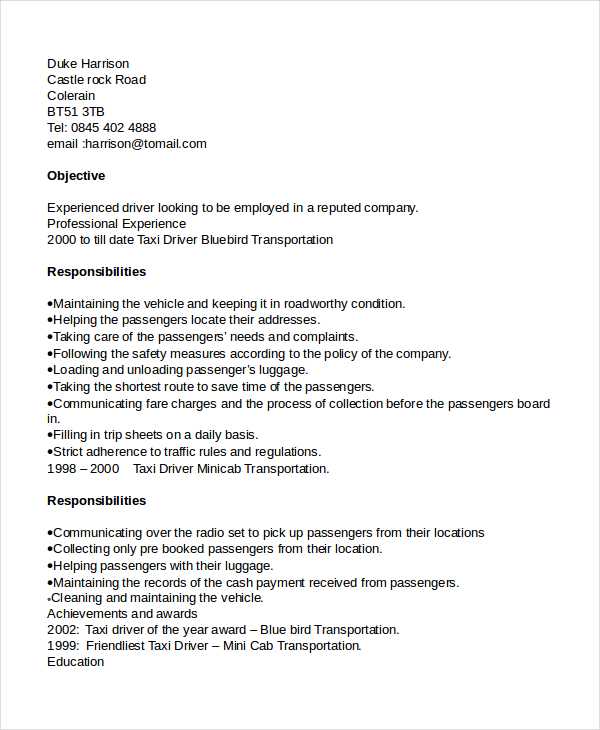 Driver Resume Template 27 Free Word PDF Document Downloads