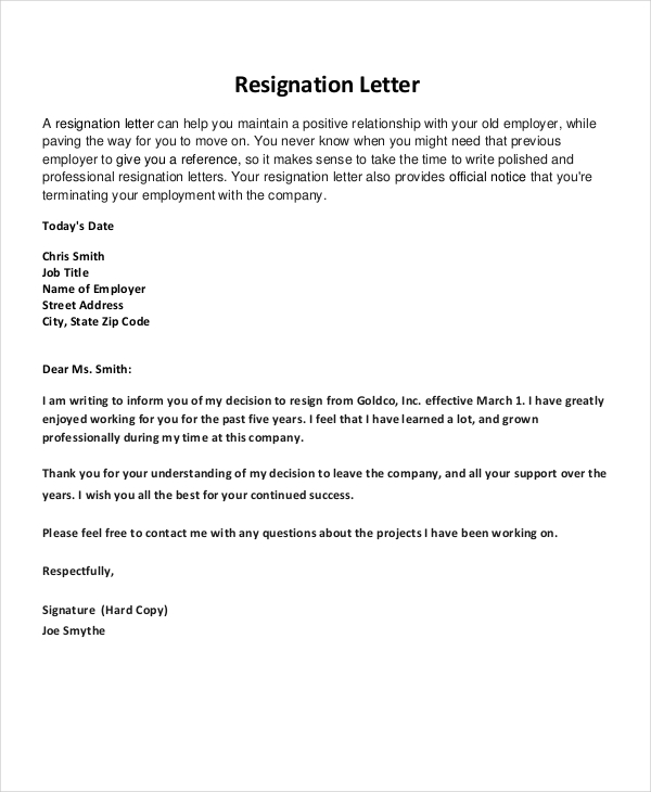 Resignation Letter 22 Free Word PDF Documents Download