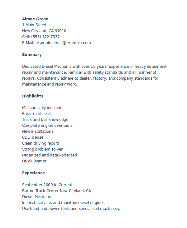 Mechanic Resume Template - 6+ Word, PDF Document Downloads