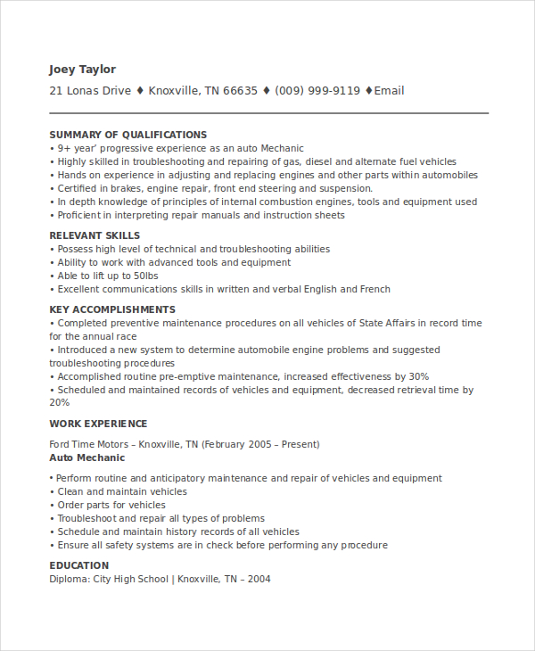 Mechanic Resume Template 6 Word PDF Document Downloads