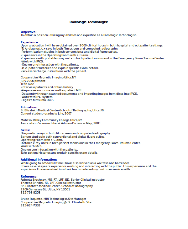 Resume For Radiologic Technologist