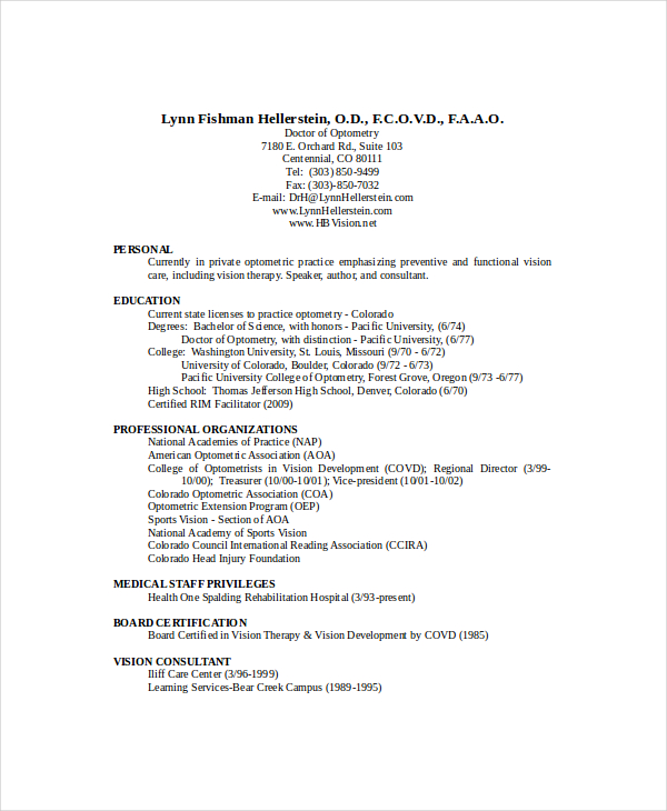Optometrist Resume Template - 7+ Free Word, Pdf Documents Download