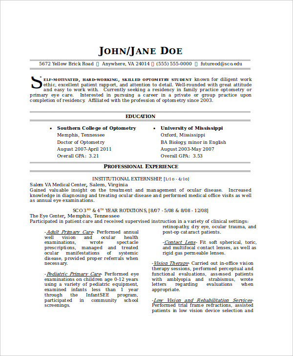 Optometrist Resume Template - 7+ Free Word, Pdf Documents Download