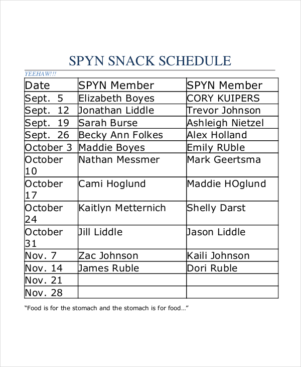 Snack Schedule Template 7 Free Word Excel PDF Document Downloads