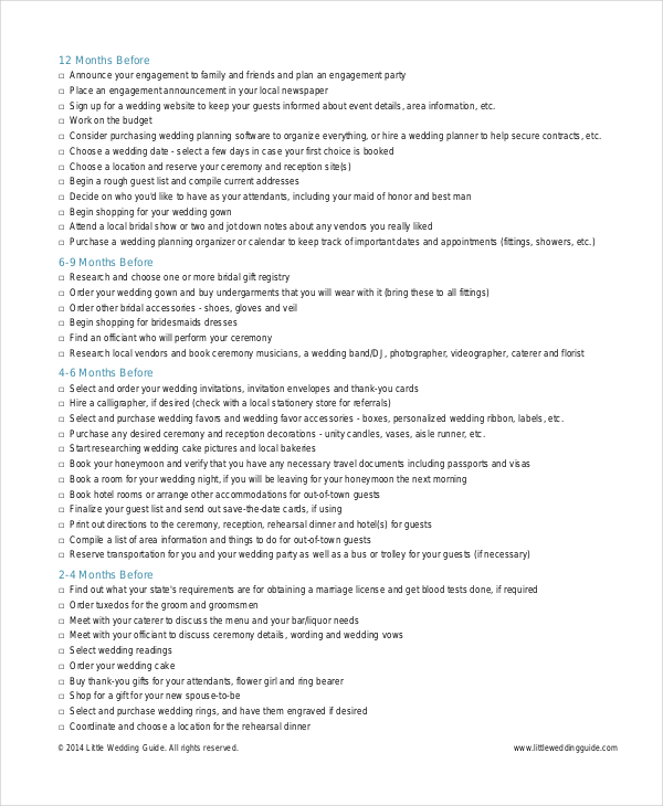 8 Wedding To Do List Free Sample Example Format