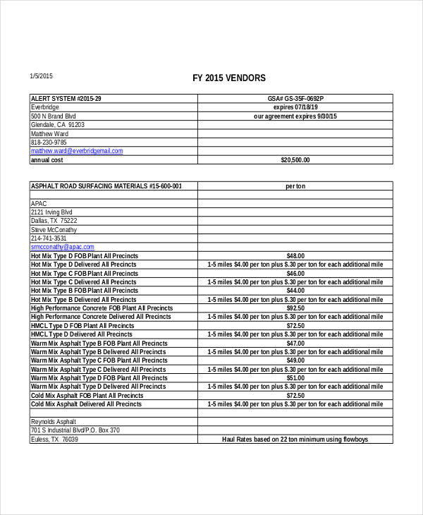 Vendor List Template - 7+ Free Word, PDF Document Downloads
