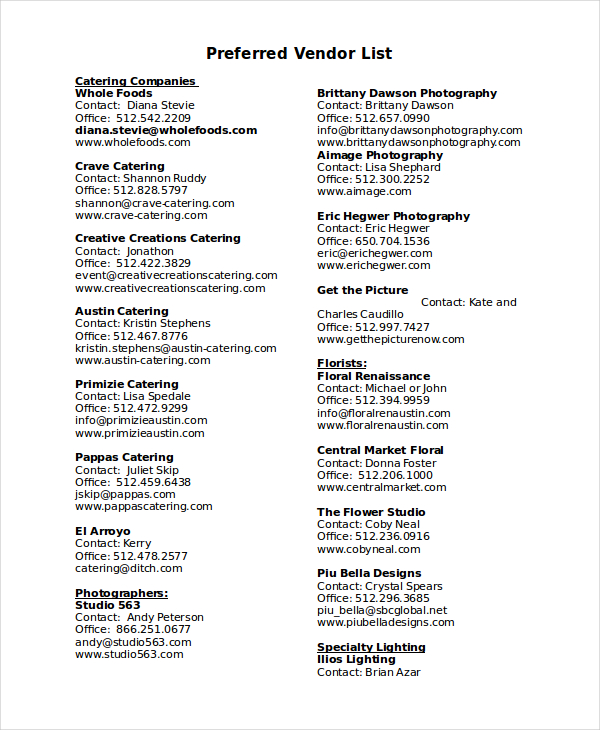 Vendor List Template - 7+ Free Word, PDF Document Downloads