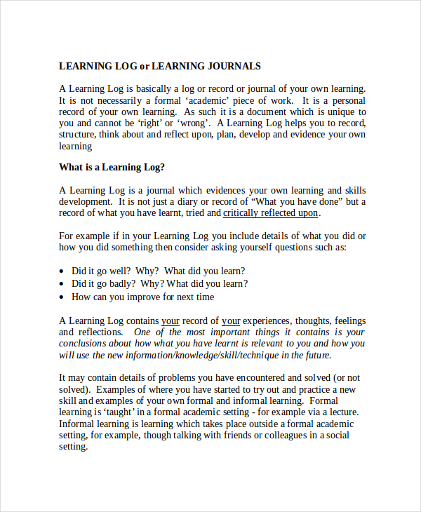 11 Learning Log Templates In Word Google Docs Google Sheets Excel PDF