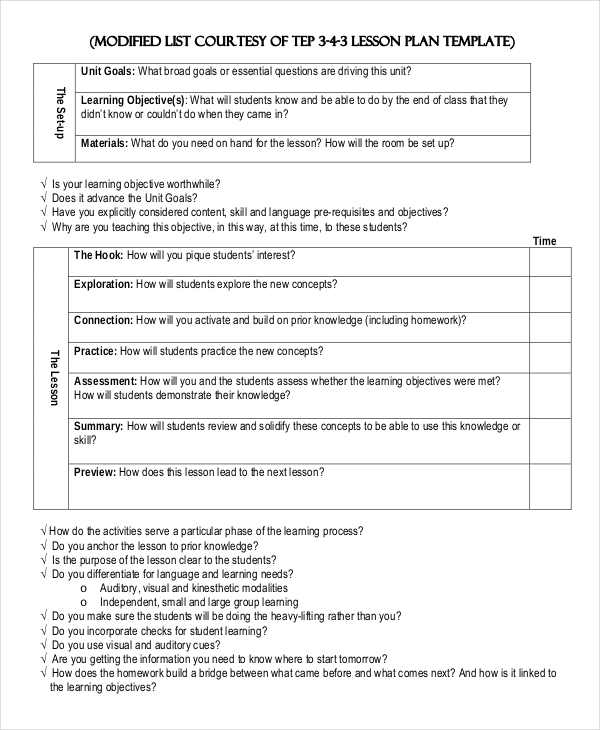 Printable Lesson Plan Template For Teachers DocTemplates
