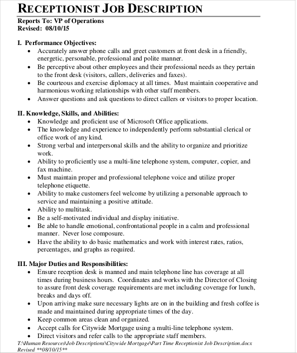 Phone Receptionist Job Description Mryn Ism