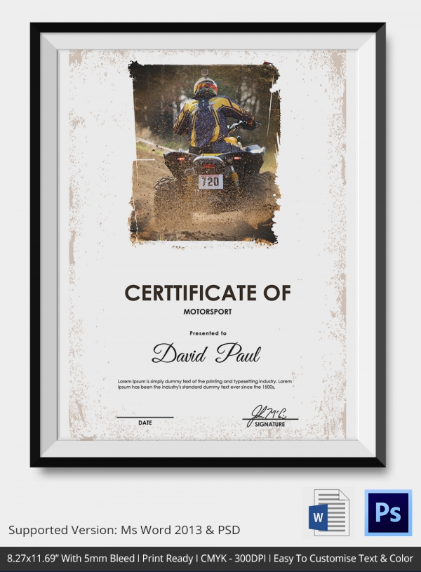 Motorsport Certificate - 5+ Word, PSD, AI, InDesign Format Download