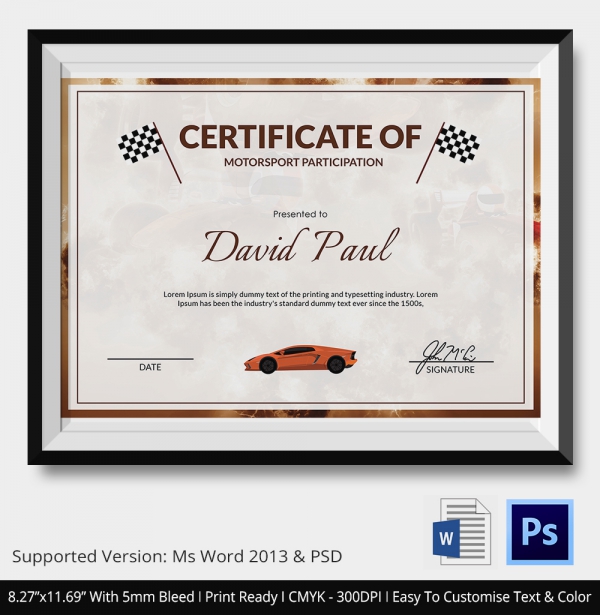 Motorsport Certificate - 5+ Word, PSD, AI, InDesign Format Download
