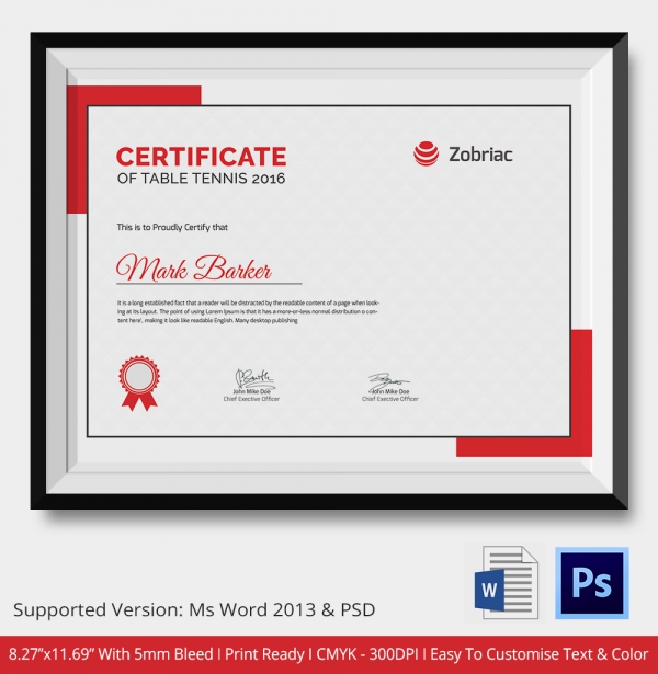 Table Tennis Certificate Templates Free Printable Templates