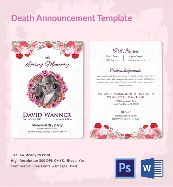 Death Announcement - 5+ Word, PSD Format Download