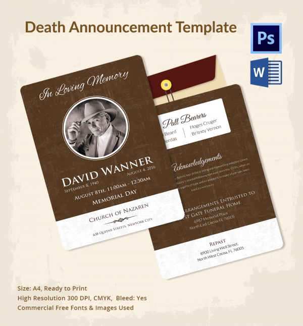Death Announcement 5 Word PSD Format Download