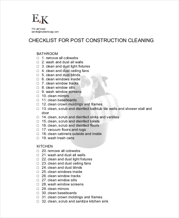 Cleaning Checklist 31 Word PDF PSD Documents Download