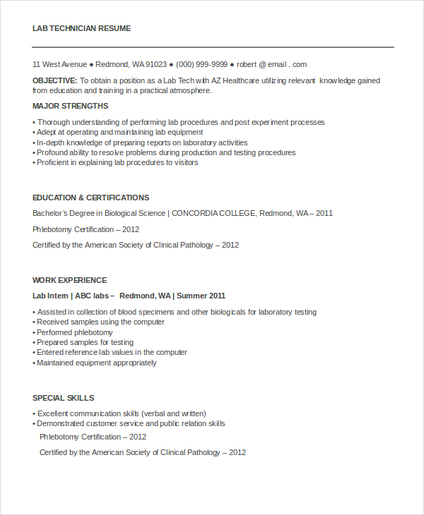 Technician Resume Template - 11+ Word, PDF Documents Download