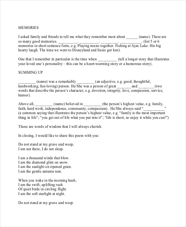 Eulogy Template For Mother