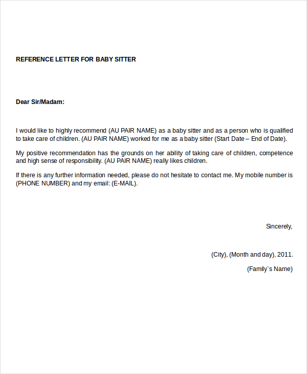 Letter Of Recommendation For Babysitter Avenuemoms